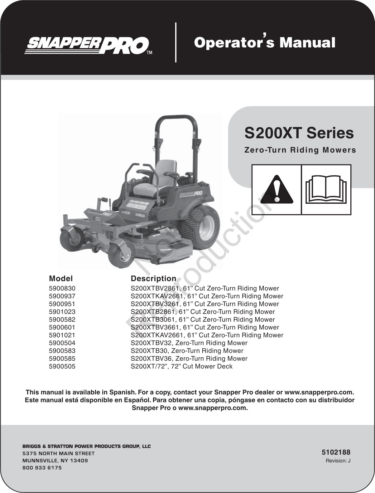 Snapper Agco Lawn Mower 5900830 S200Xtbv2861 Users Manual 5102188_J_CVR