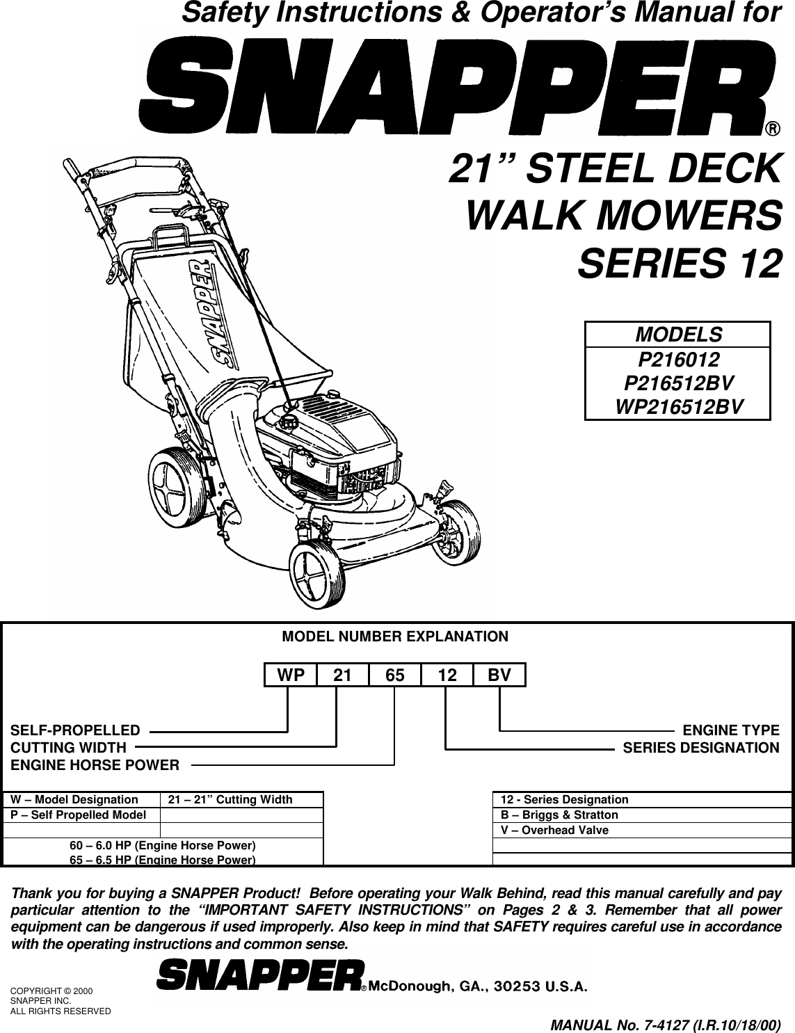 Snapper Wp216512Bv P216012 P216512Bv Users Manual 7 4127D