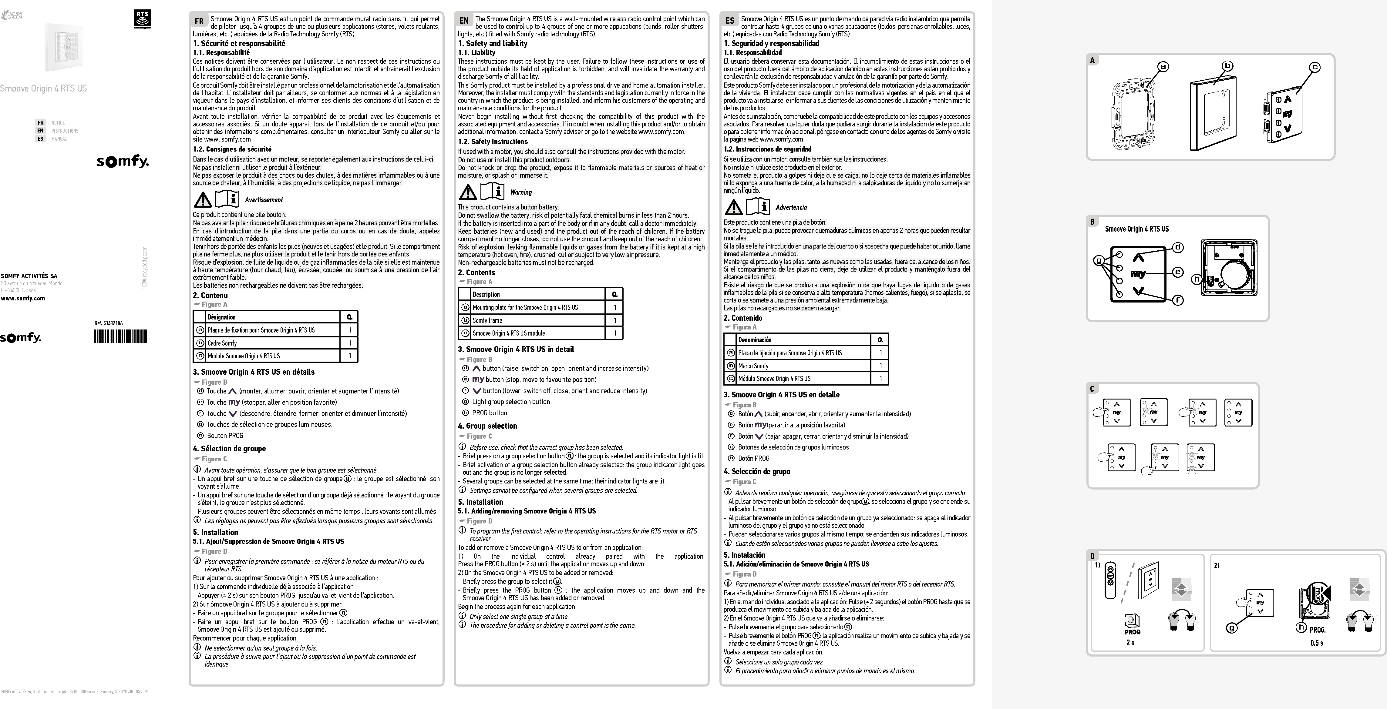 Somfy Systems SMOOVE-4-RTS Smoove 4 RTS FCC 5143881 User Manual