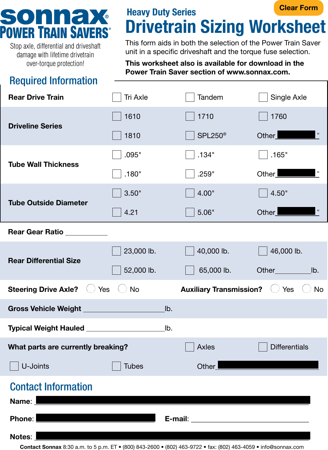 Sonnax Power Train Savers Drivetrain Sizing Worksheet