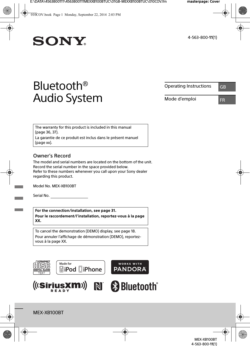 Sony Group MEXXB100BT Bluetooth Audio System User Manual MEX XB100BT