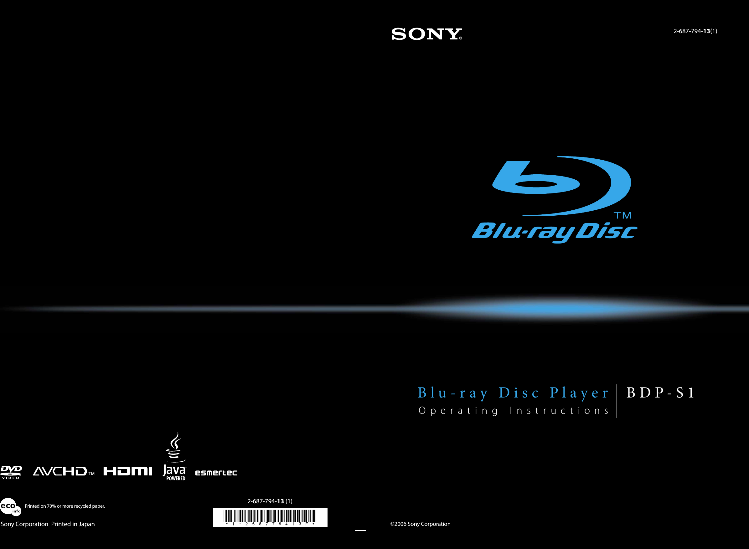 Sony BDP S1 User Manual Operating Instructions (for Firmware Version 2. ...