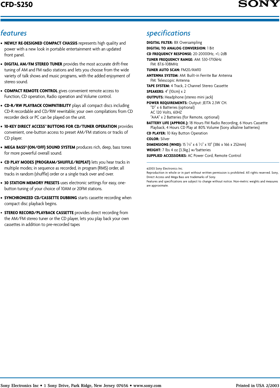 Sony CFD S250 SON 947; User Manual Marketing Specifications CFDS250 Mksp