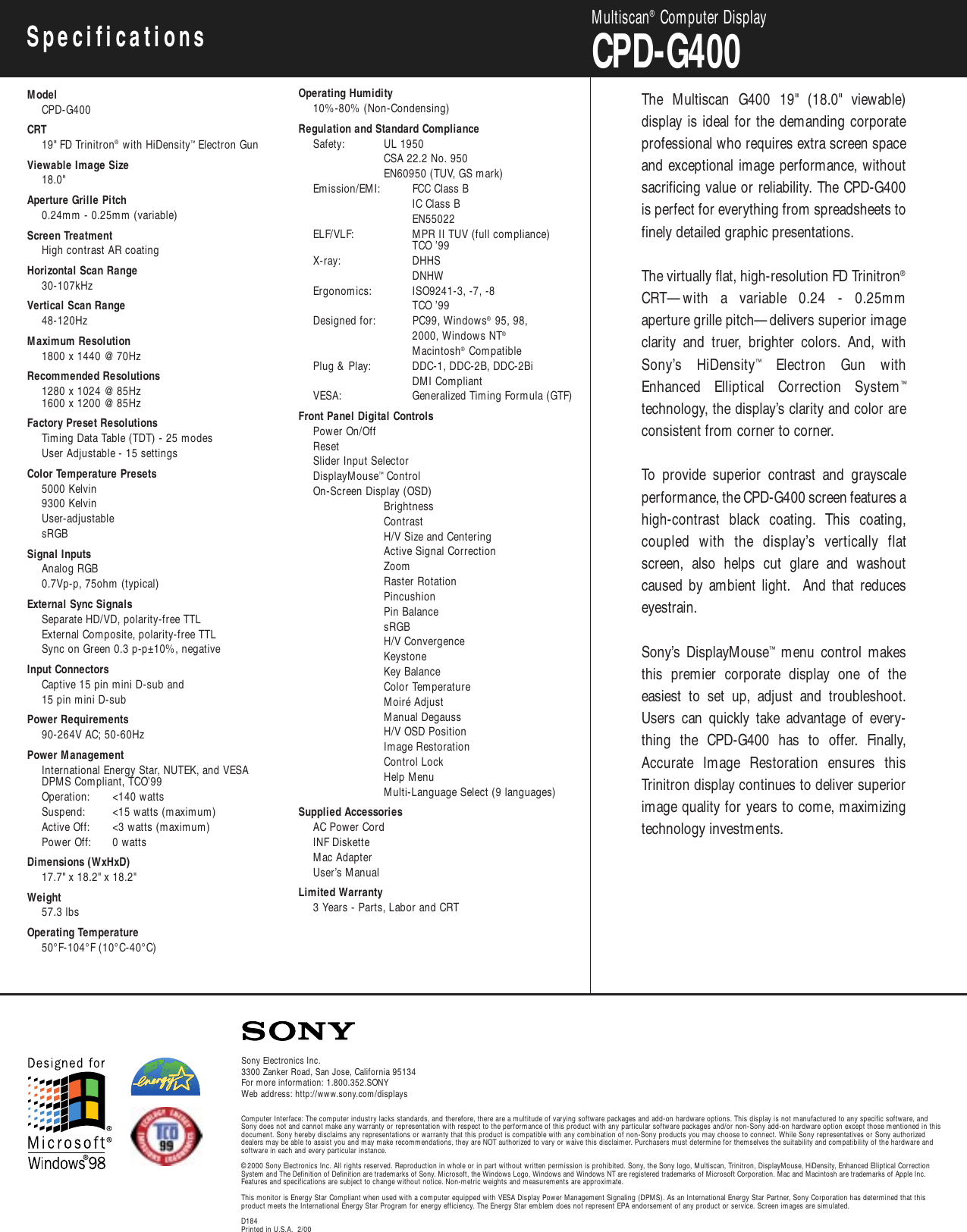 Sony CPD G400 G400rev020400 User Manual Marketing Specifications ...