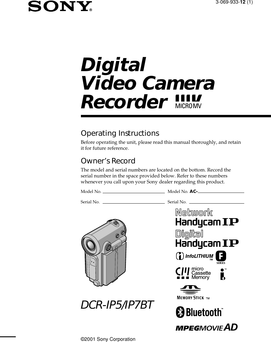 Sony DCR IP7BT IP5/IP7BT User Manual Operating Instructions DCRIP7BT