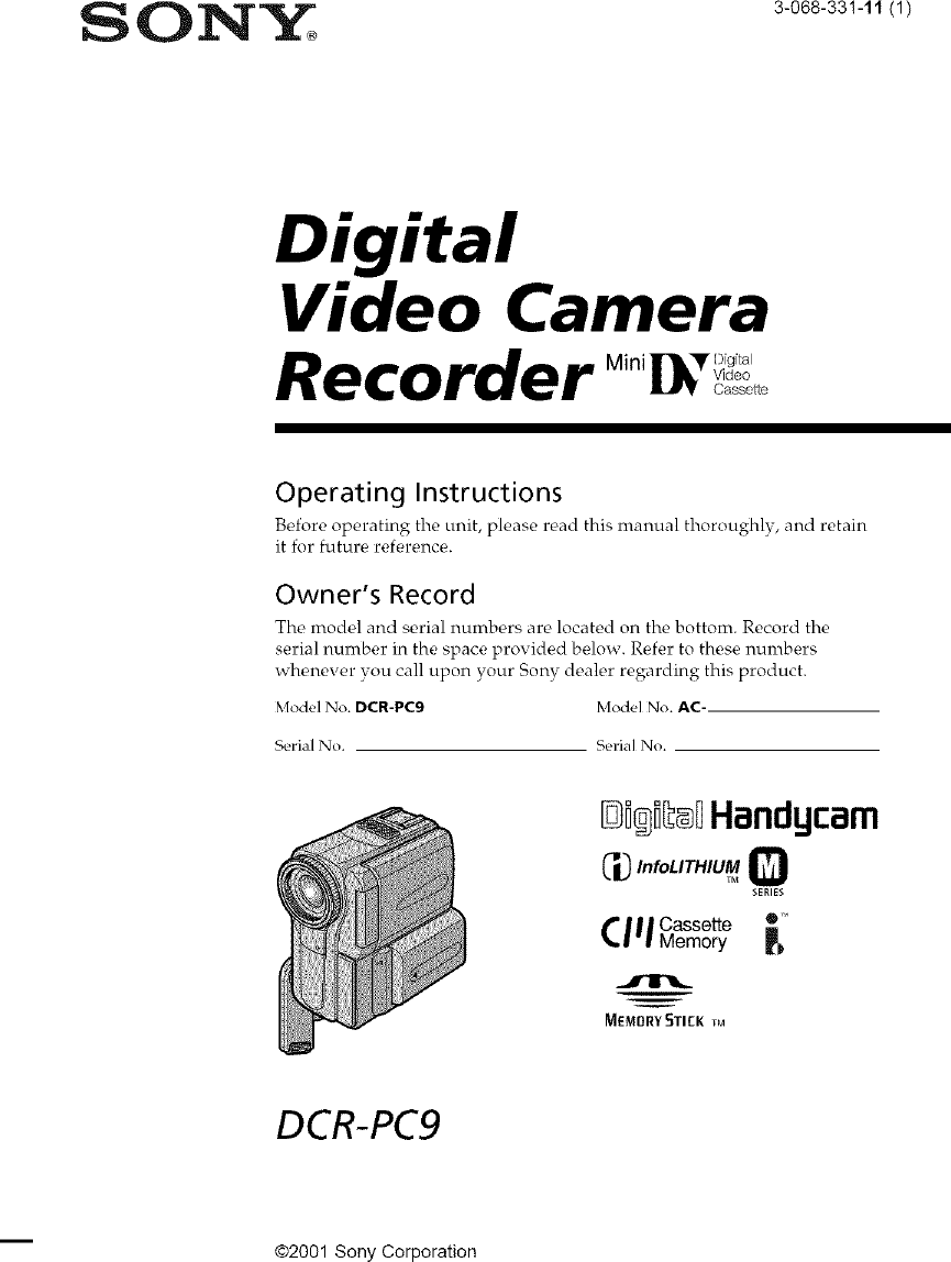 Sony DCR PC9 User Manual DIGITAL VIDEO CAMERA Manuals And Guides L0604058