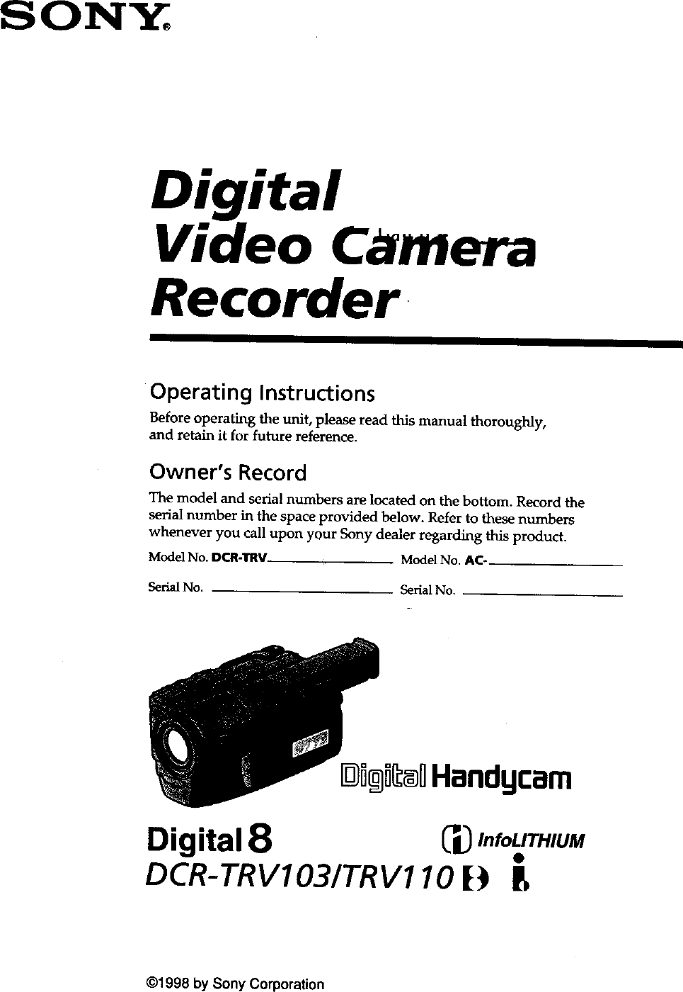 Sony DCR TRV103 User Manual CAMCORDER Manuals And Guides L9080003