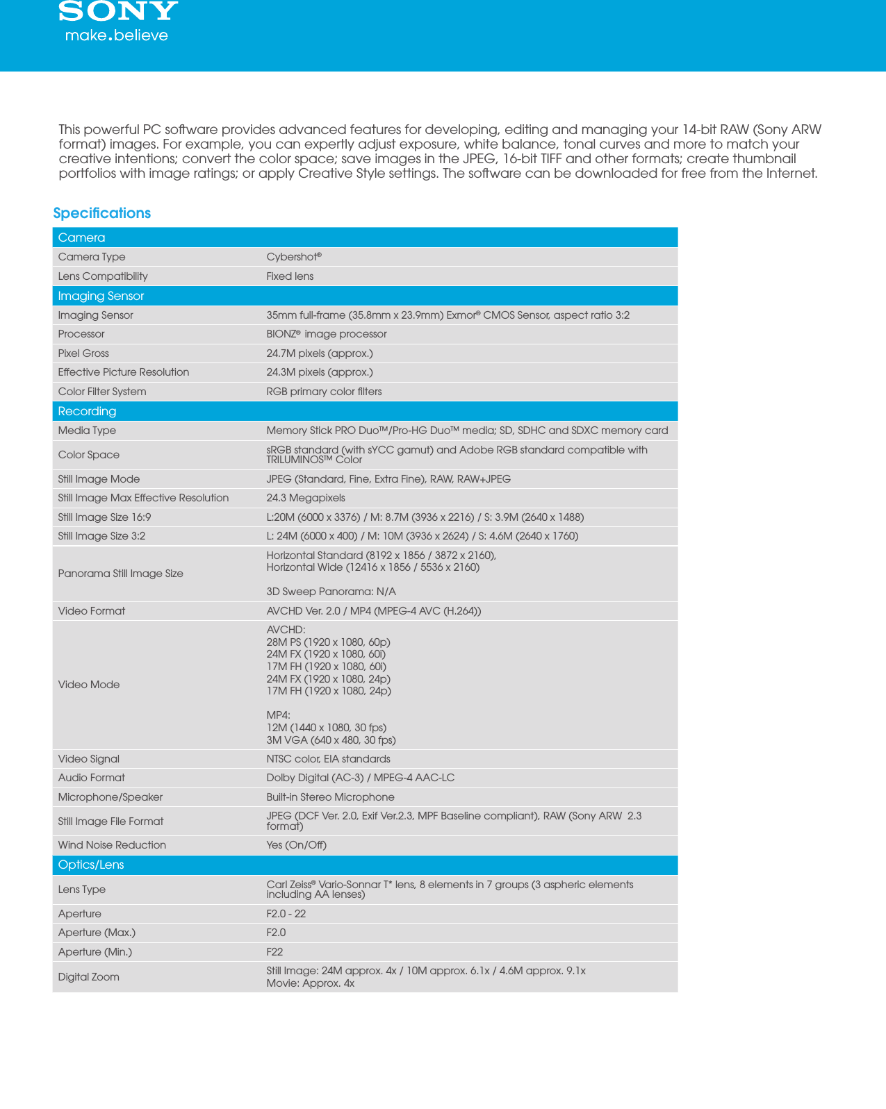 Sony DSC RX1R User Manual Marketing Specifications(Black) Dscrx1rb Mksp