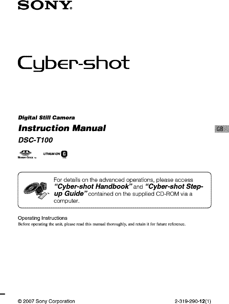 Sony DSC T100 User Manual DIGITAL CAMERA Manuals And Guides L0703317