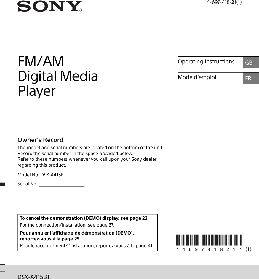 Sony DSX A415BT User Manual Operating Instructions Docget