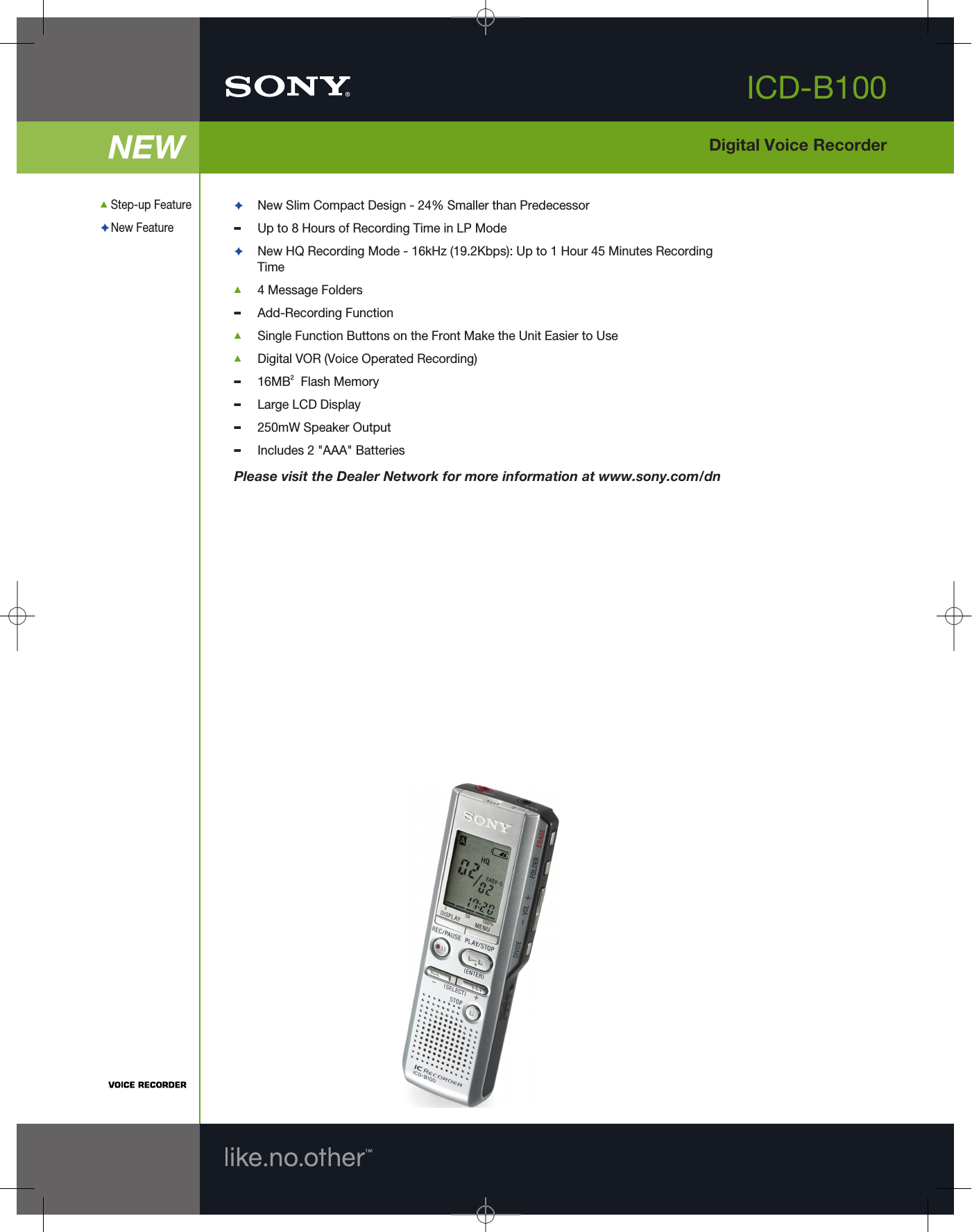 Sony ICD B100 User Manual Marketing Specifications Specs