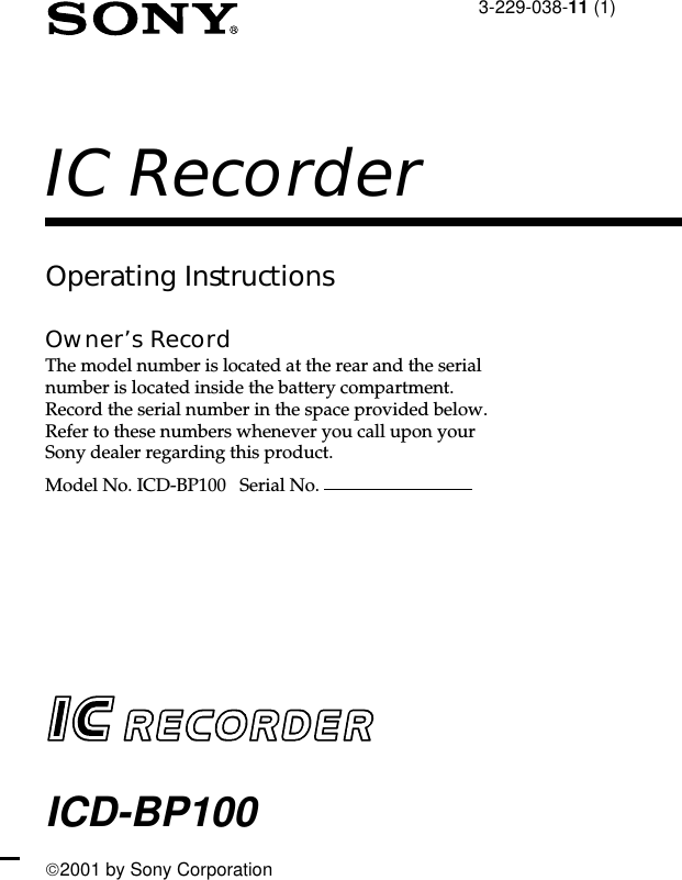 Sony ICD BP100 Primary User Manual ICDBP100