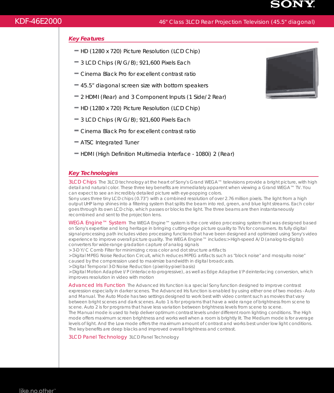 Sony KDF 46E2000 User Manual Marketing Specifications KDF46E2000 Mksp