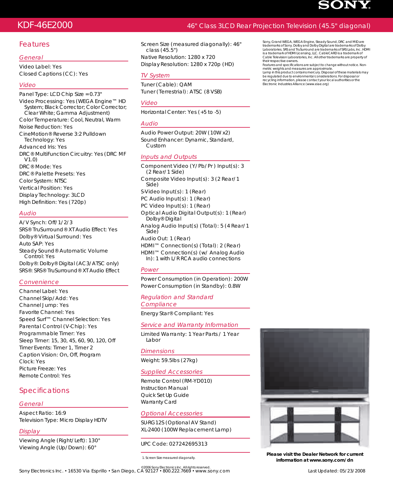 Sony KDF 46E2000 User Manual Marketing Specifications KDF46E2000 Mksp