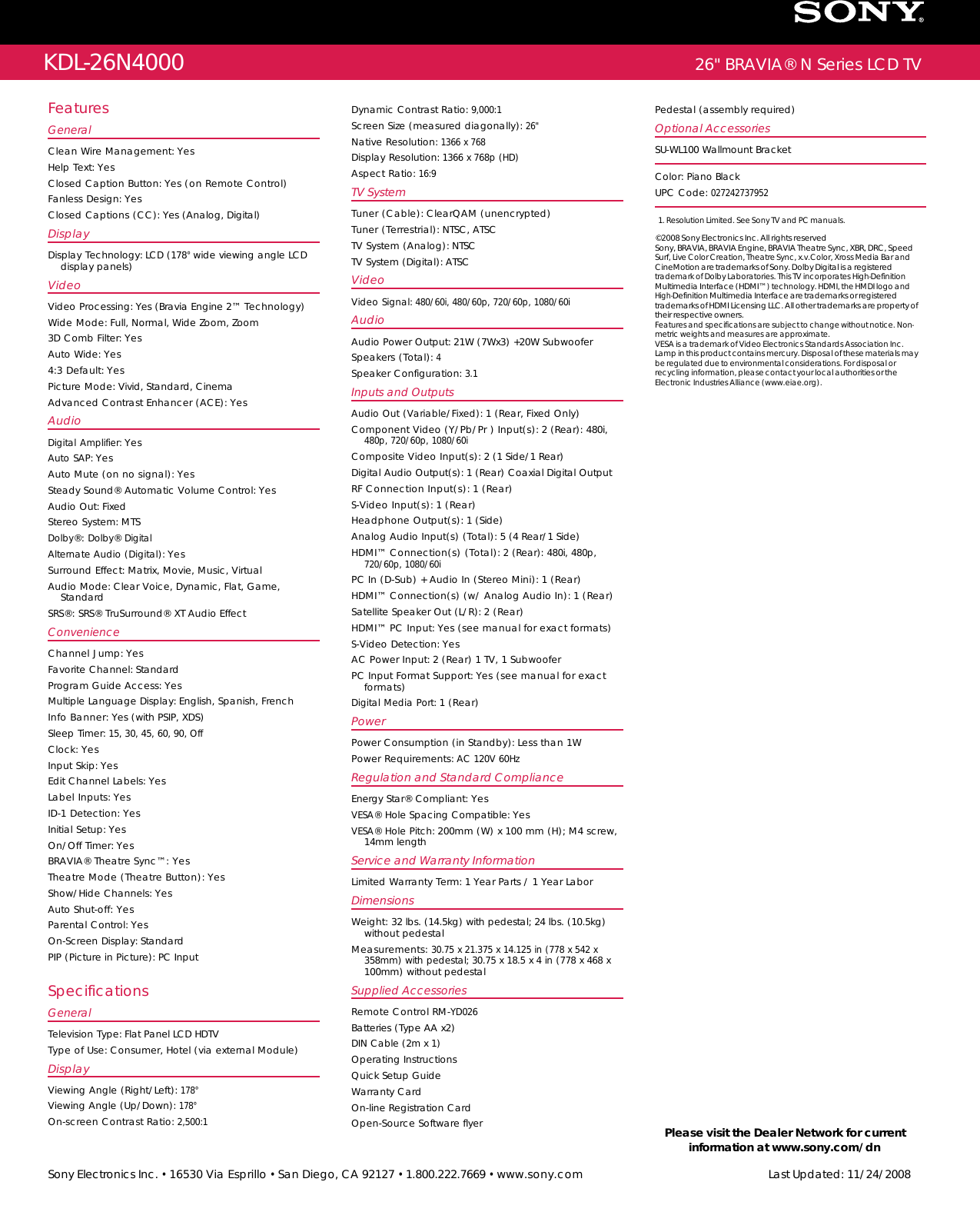 Sony KDL 26N4000 User Manual Marketing Specifications KDL26N4000 Mksp
