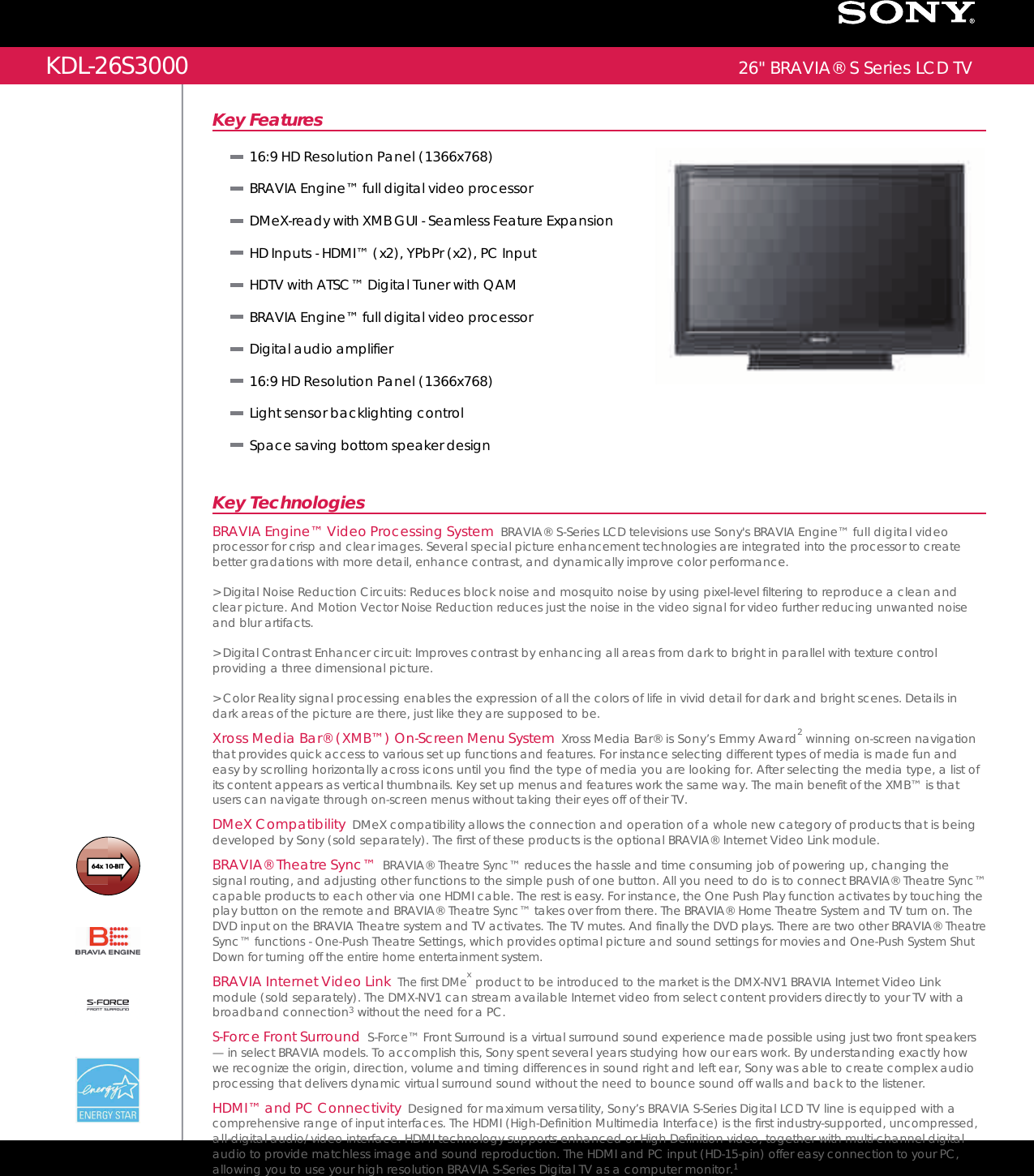 Sony KDL 26S3000 User Manual Marketing Specifications (Black ) KDL26S3000 Mksp