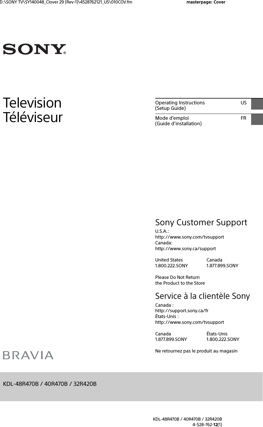 Sony KDL 32R420B 48R470B / 40R470B User Manual Operating Instructions ...