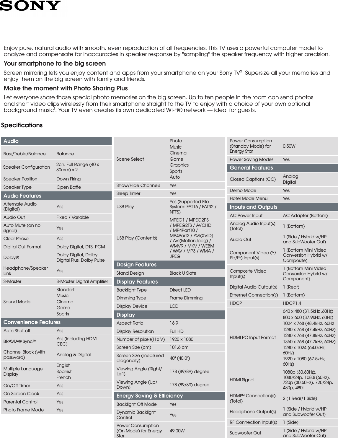 Sony KDL 40W650D User Manual Marketing Specifications KDL40W650D Mksp