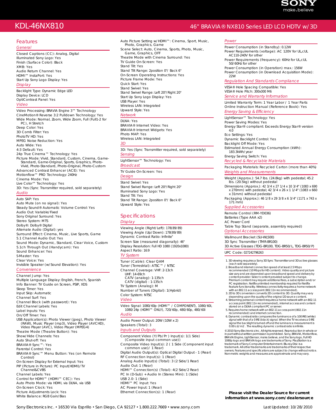 Sony KDL 46NX810 User Manual Marketing Specifications KDL46NX810 Mksp