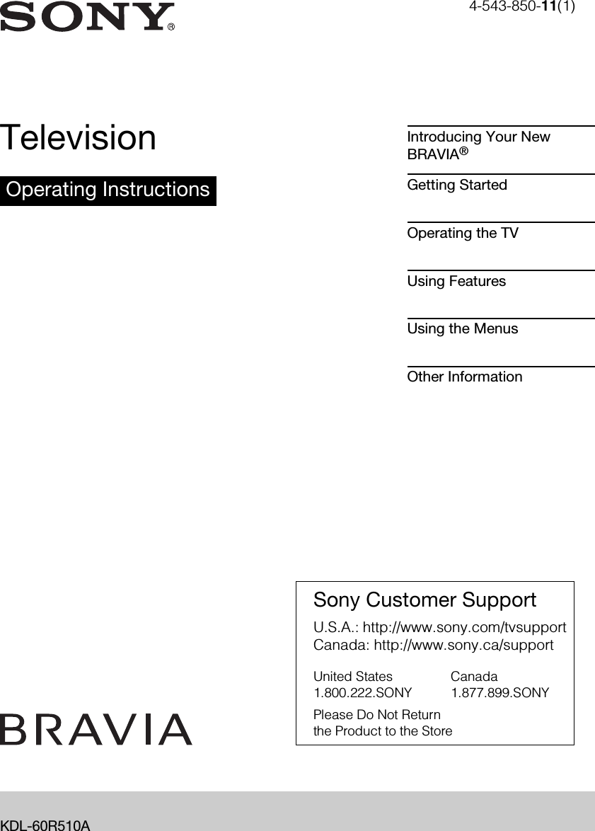Sony KDL 60R510A User Manual Operating Instructions