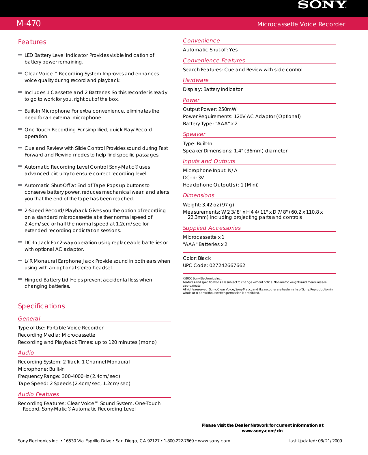 Sony M 470 User Manual Marketing Specifications M470 Mksp