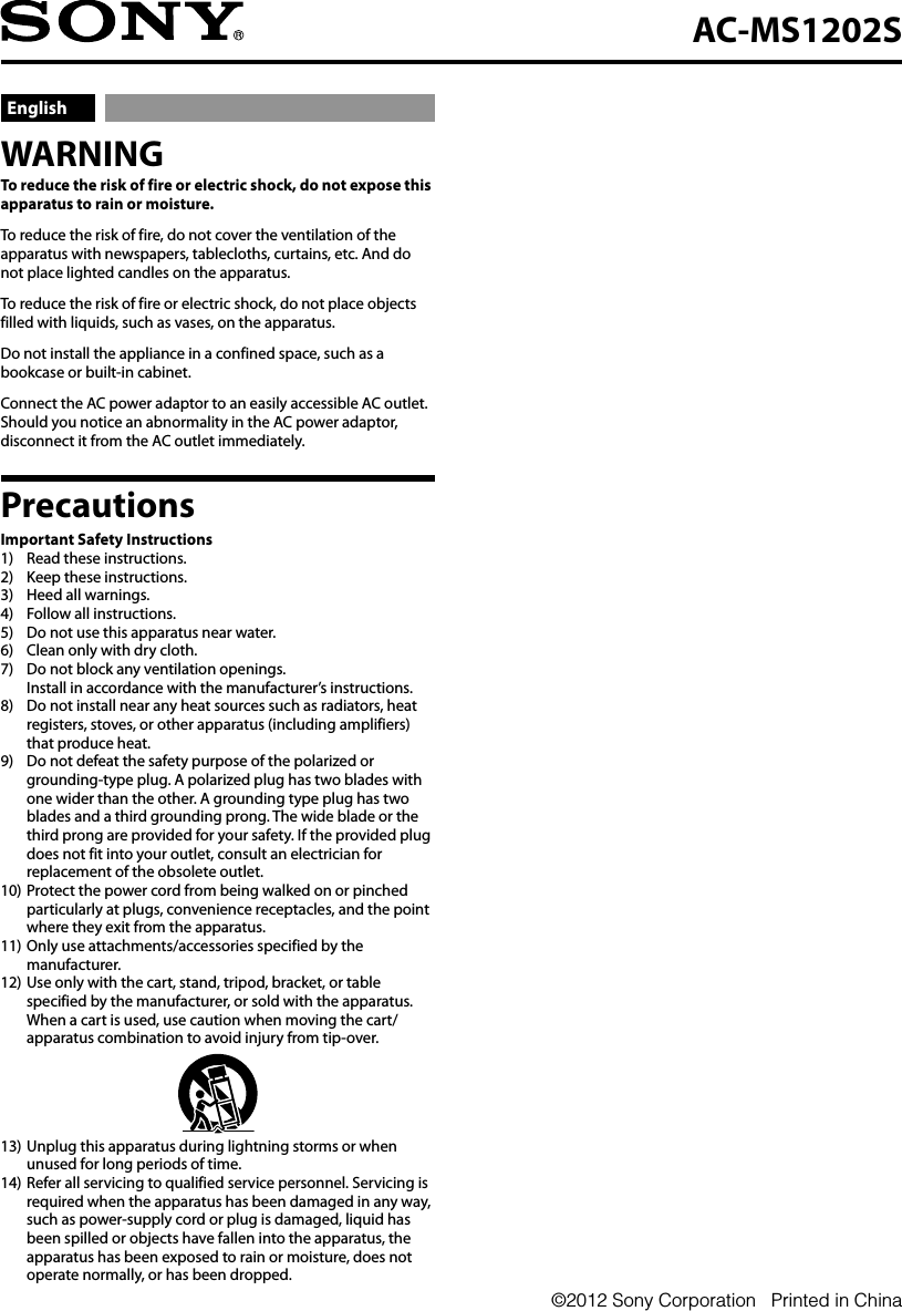 Sony MDR RF985RK AC MS1202S User Manual Caution / Warning (AC MS1202S ...