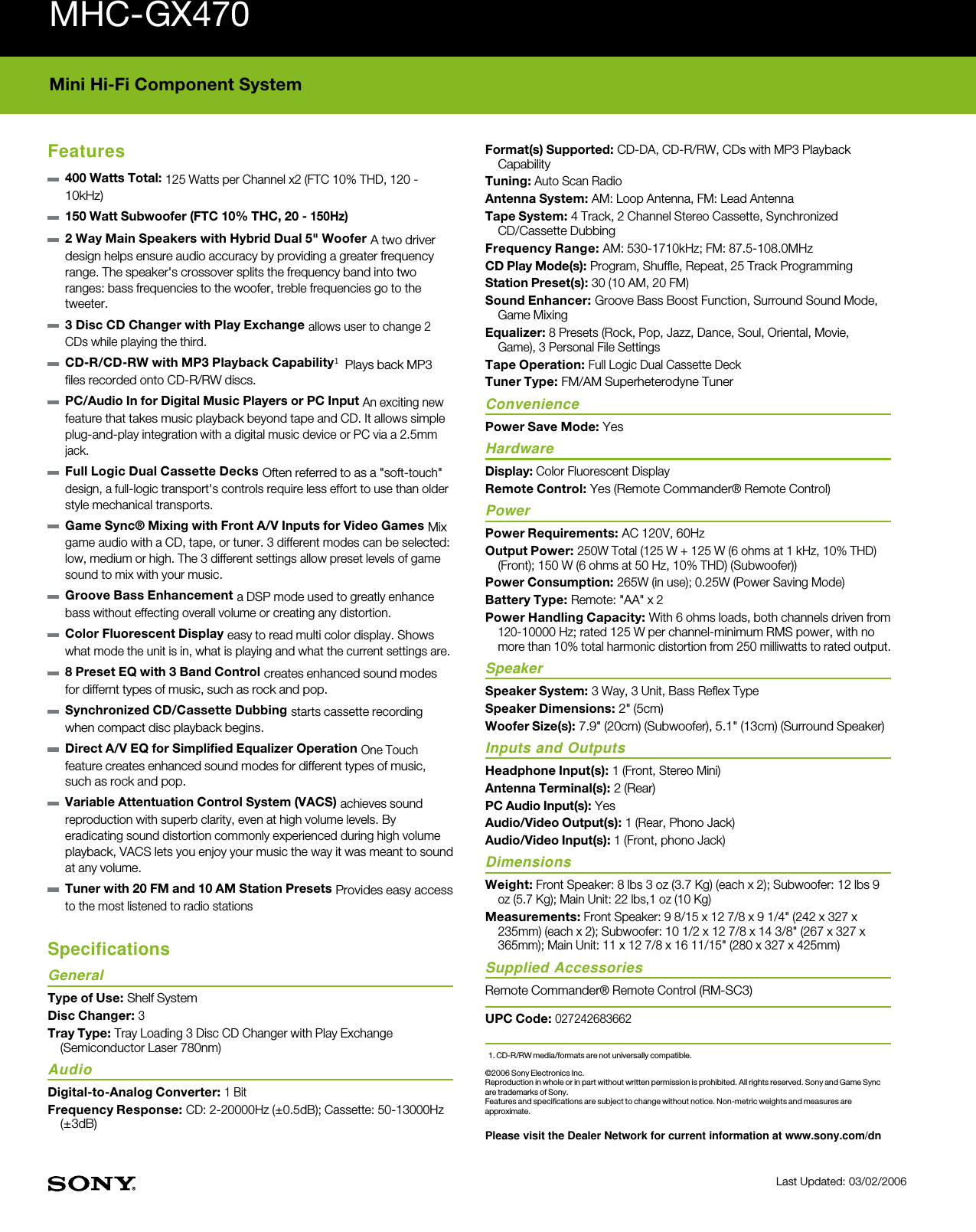 Sony MHC GX470 User Manual Marketing Specifications MHCGX470 Specs