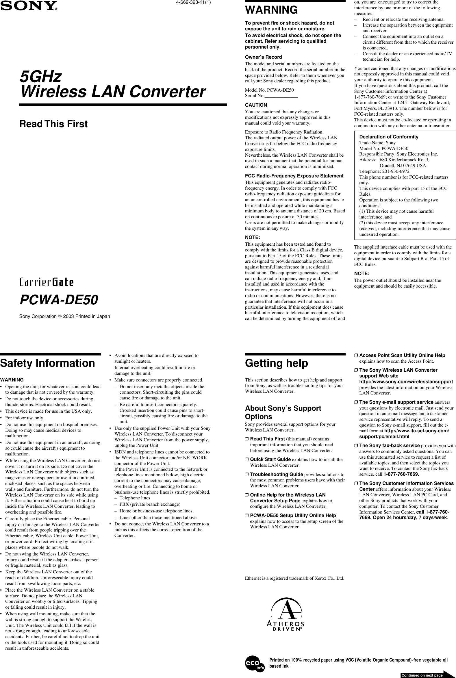 Sony PCWADE50 5.0 GHz WLAN Converter - UNII User Manual PCWA DE50