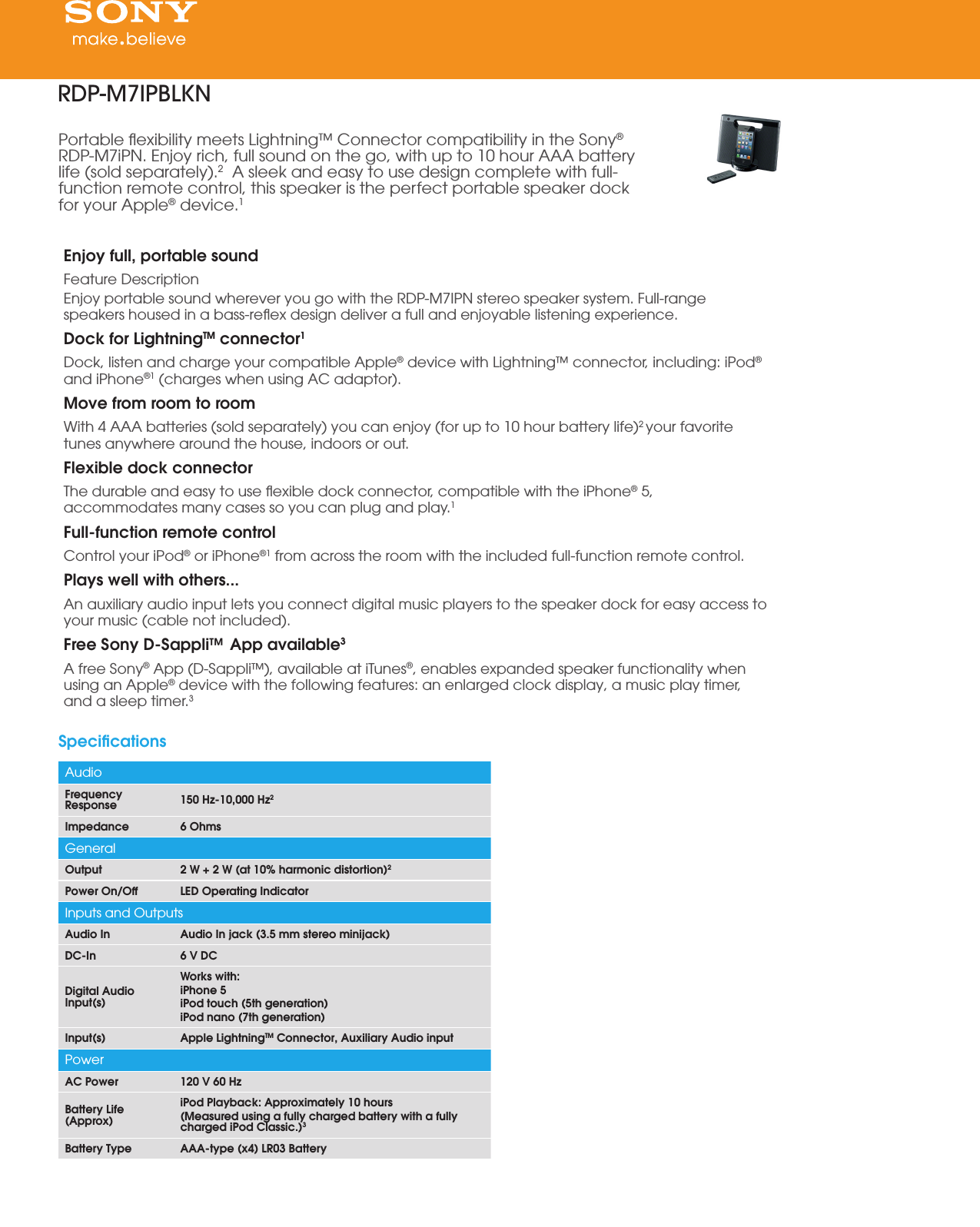 Sony RDP M7iPN User Manual Marketing Specifications RDPM7IPBLKN Mksp