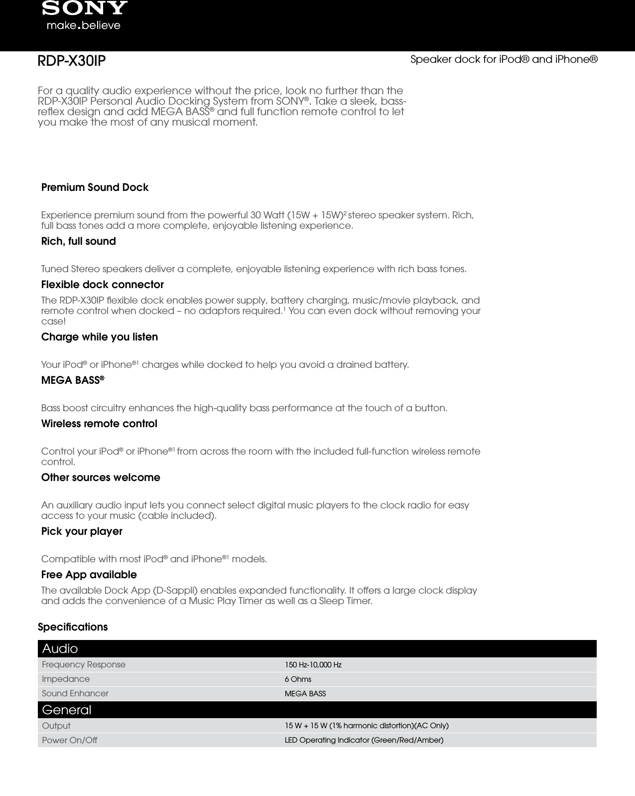 Sony RDP X30iP User Manual Marketing Specifications RDPX30IP Mksp