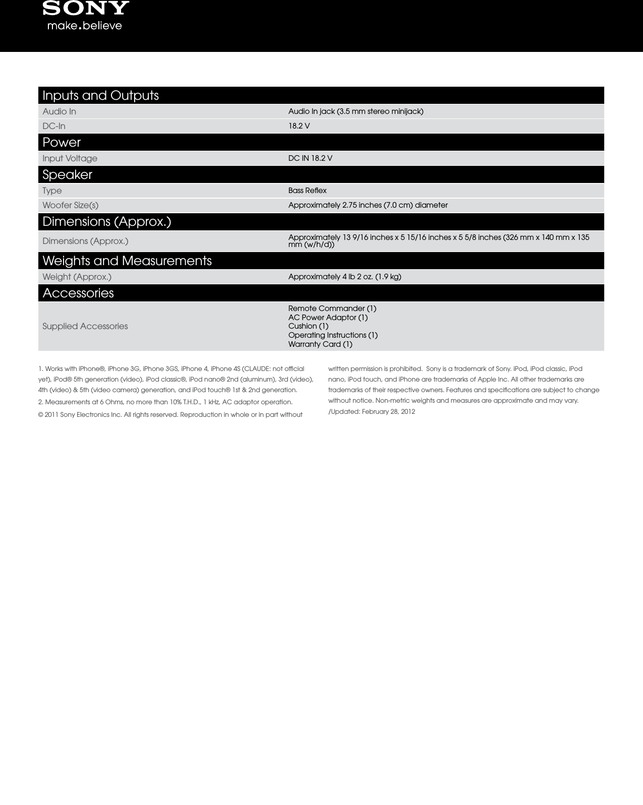 Sony RDP X30iP User Manual Marketing Specifications RDPX30IP Mksp