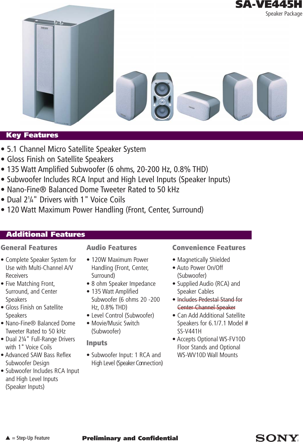 Sony SA VE445H Speakers User Manual Marketing Specifications SAVE445Hrevision Spec