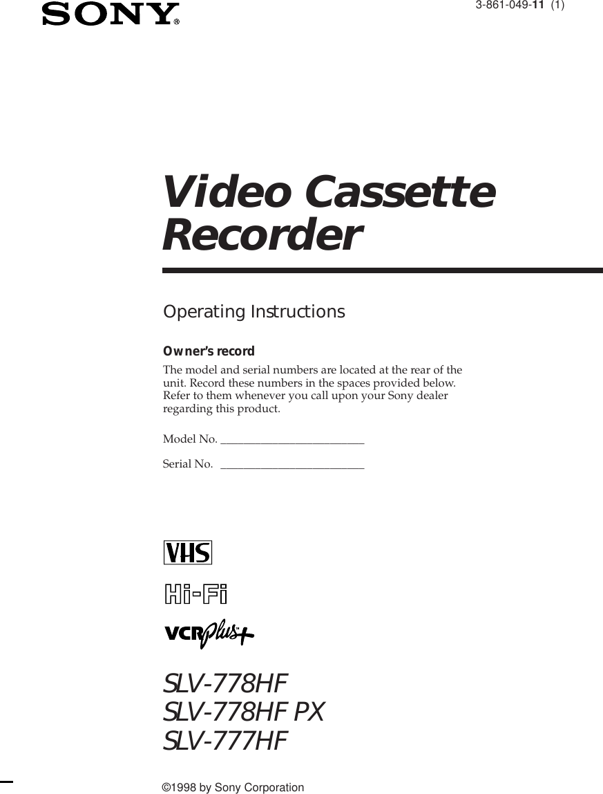 Sony SLV 777HF 778HF/778HF PX/777HF User Manual Operating Instructions ...