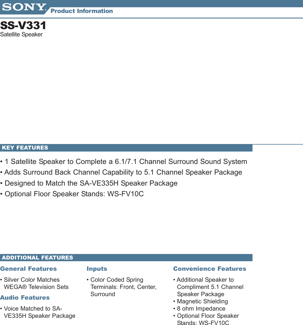 Sony SS V331 Speaker_Info_Sheets_1 User Manual Marketing Specifications ...