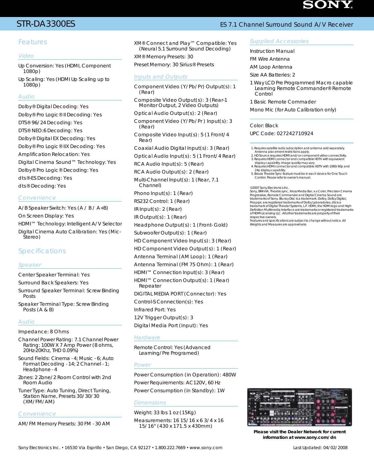 Sony STR DA3300ES User Manual Marketing Specifications