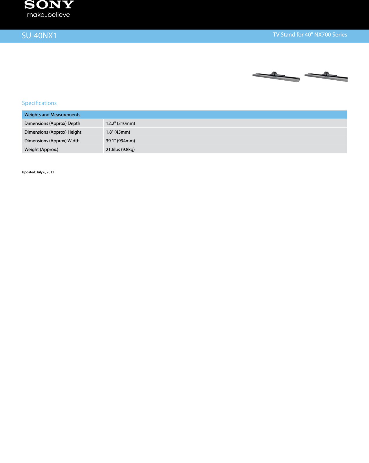 Sony SU 40NX1 User Manual Marketing Specifications SU40NX1 Mksp