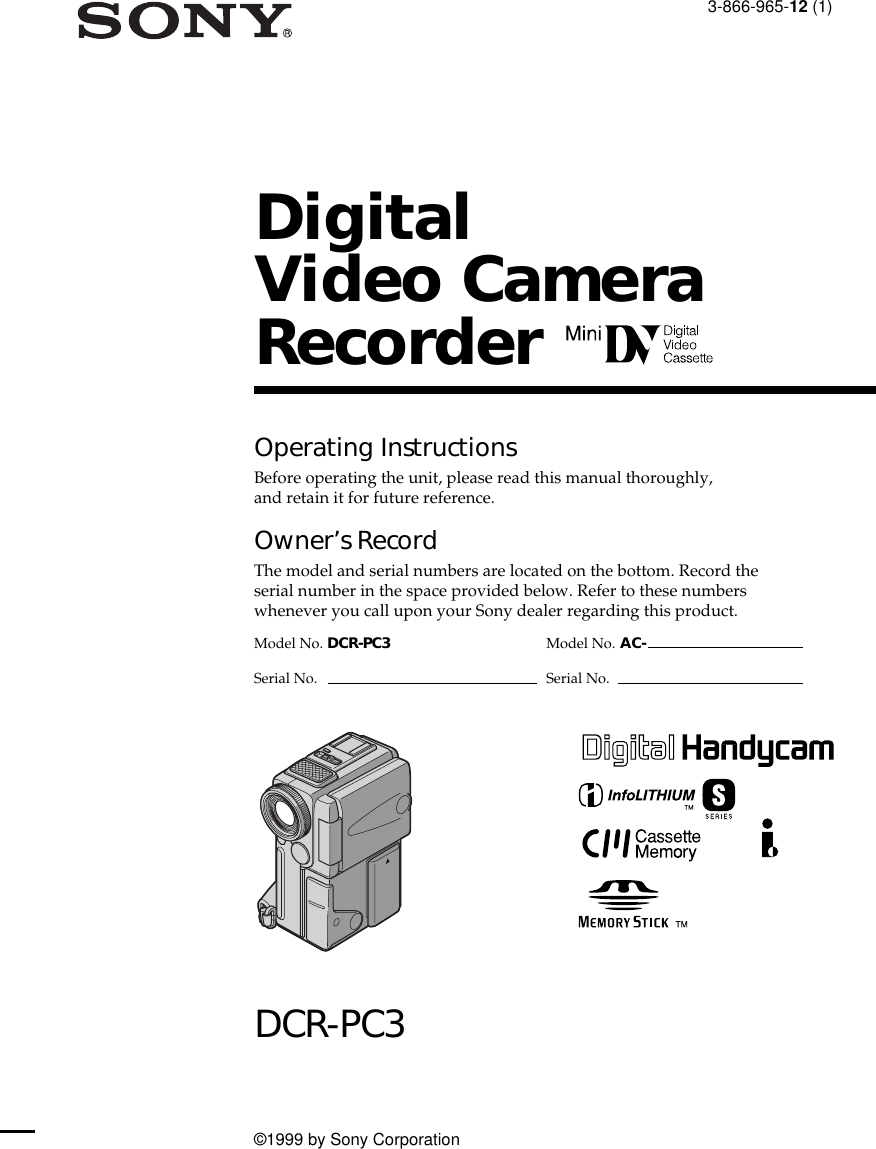Sony Dcr Pc3 Operating Instructions DCRÐPC3