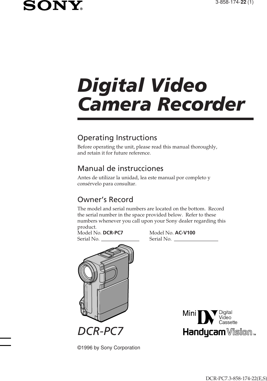 Sony Dcr Pc7 Operating Instructions