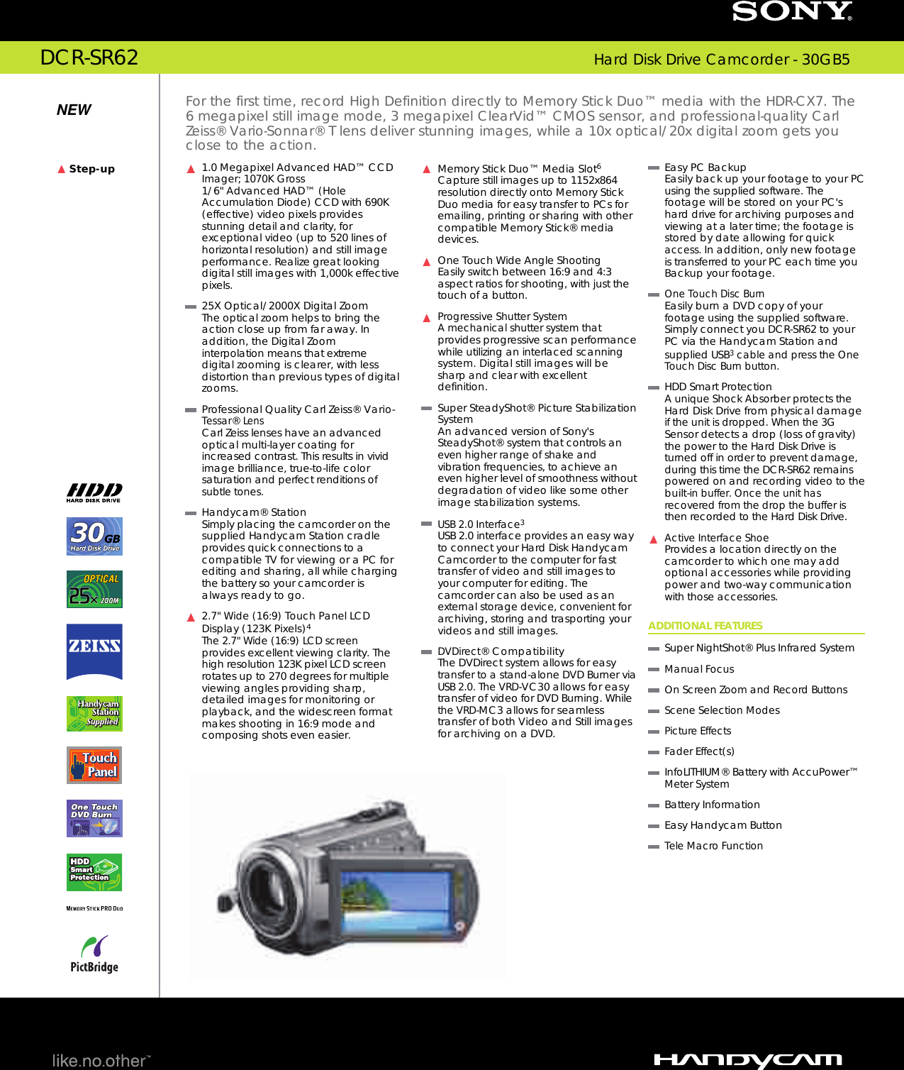 Sony Dcr Sr62 Marketing Specifications