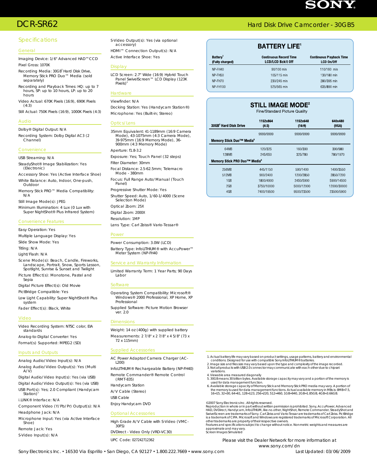 Sony Dcr Sr62 Marketing Specifications