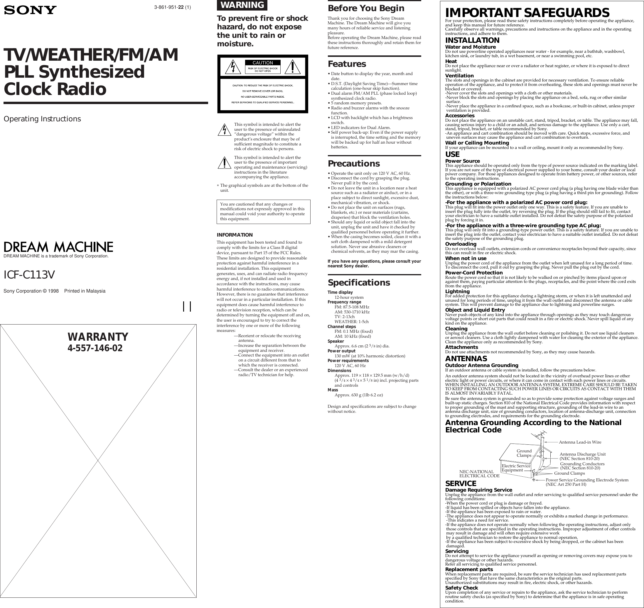 Sony Dream Machine Icf C113V Users Manual