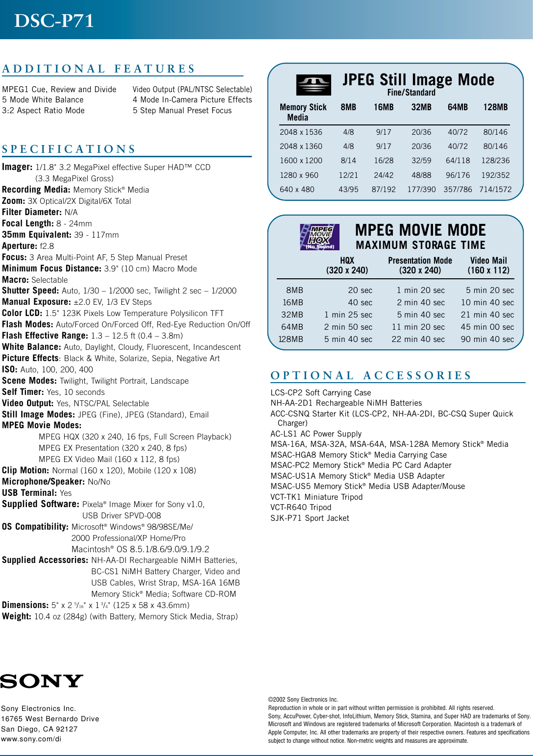 Sony Dsc P71 Marketing Specifications SON 920; Booklet