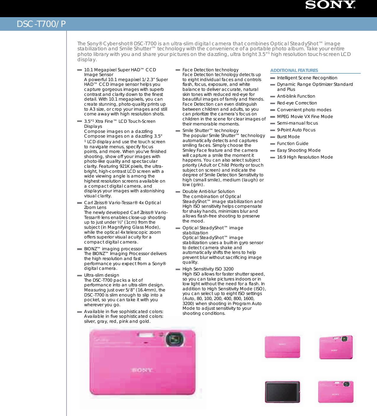 Sony Dsc T700 P Marketing Specifications