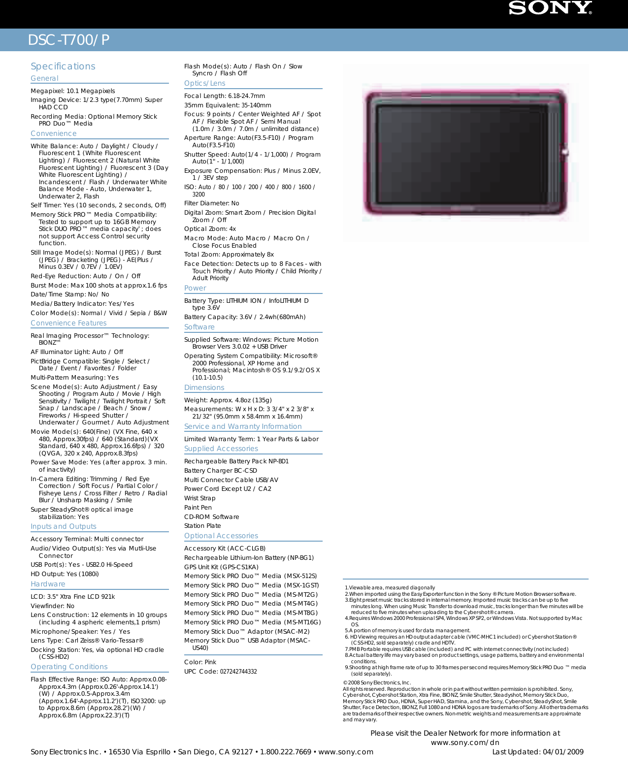 Sony Dsc T700 P Marketing Specifications