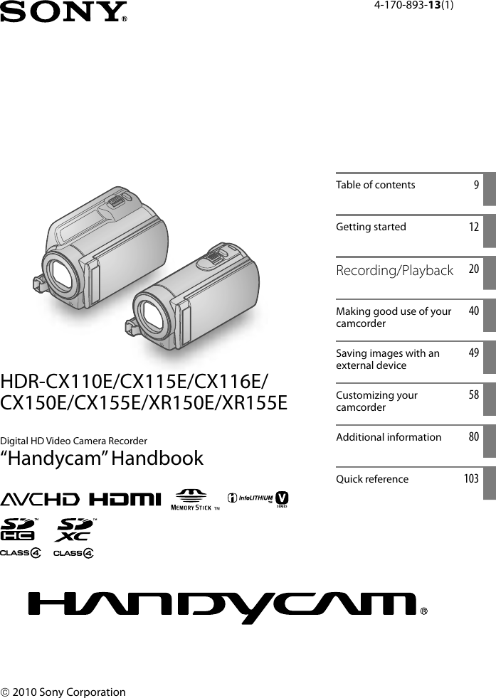 Sony Handycam Hdr Cx110E Users Manual CX110E/CX115E/CX116E/CX150E ...