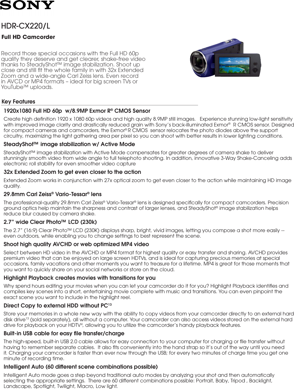 Sony Hdr Cx220 L Marketing Specifications