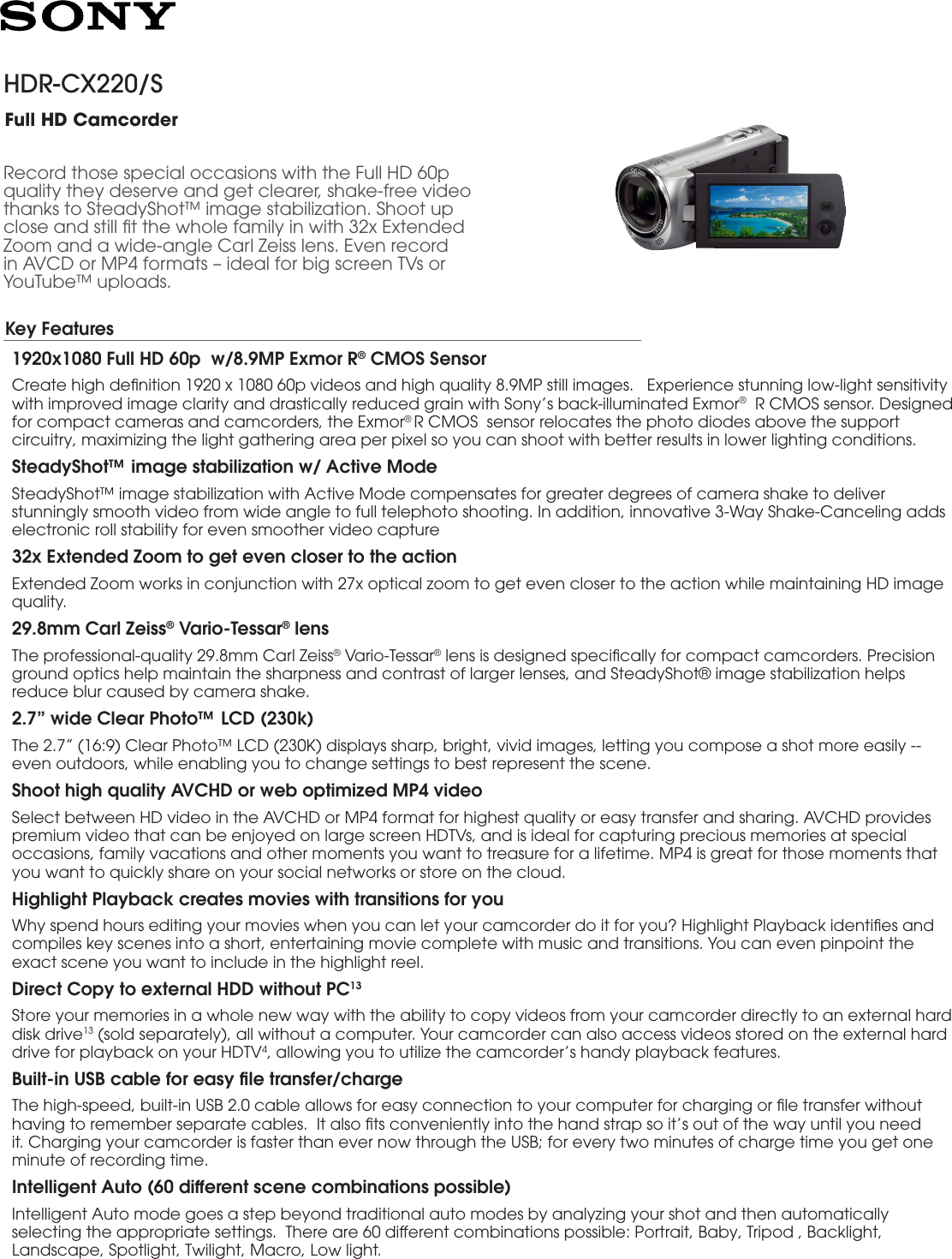 Sony Hdr Cx220 S Marketing Specifications