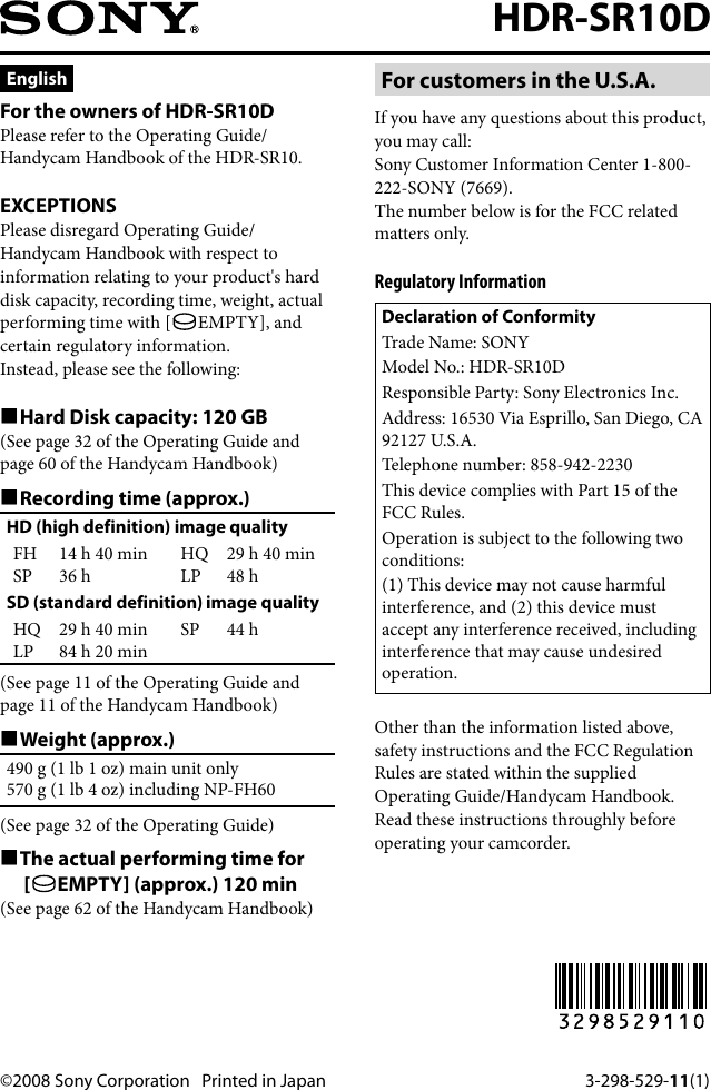 Sony Hdr Sr10 Owners Manual SR10D