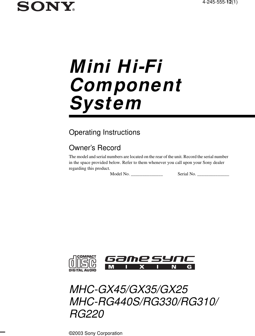Sony Mhc Gx35 Users Manual GX45/GX35/GX25/RG440S/RG330/RG310/RG220