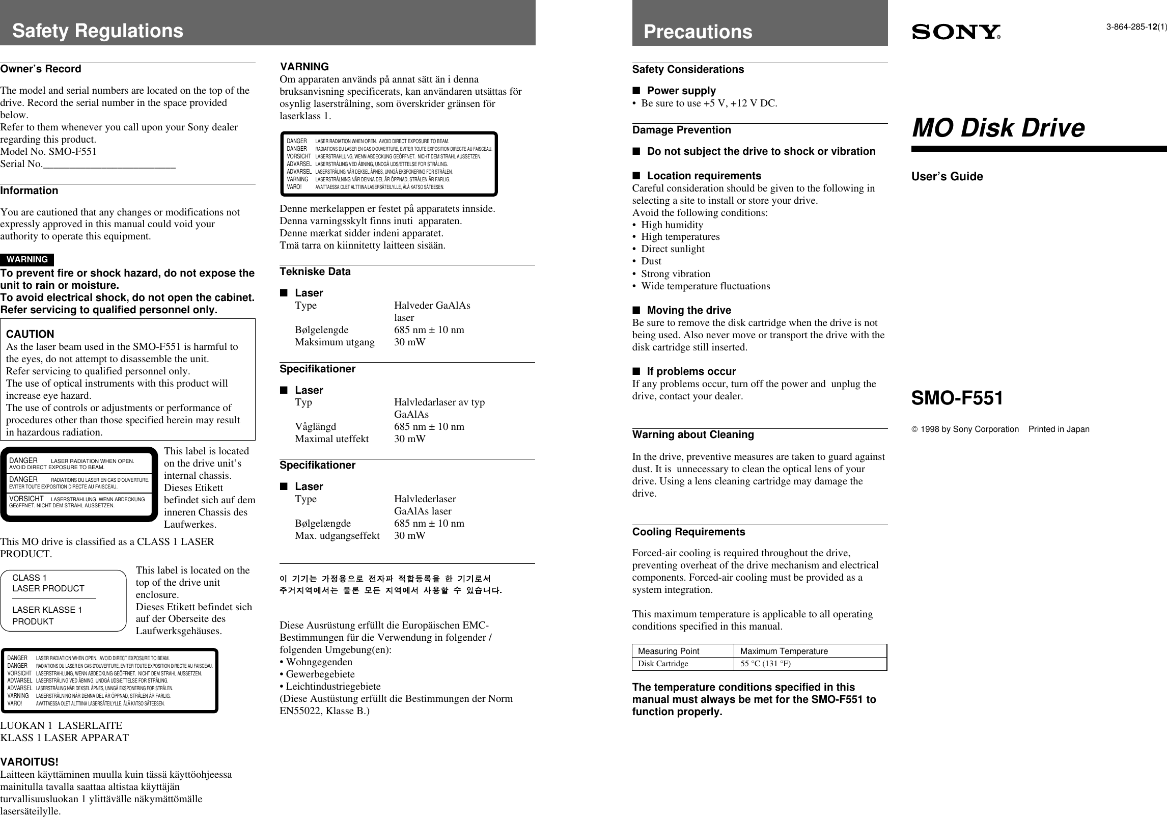 Sony Mo Disk Drive Smo F551 Users Manual